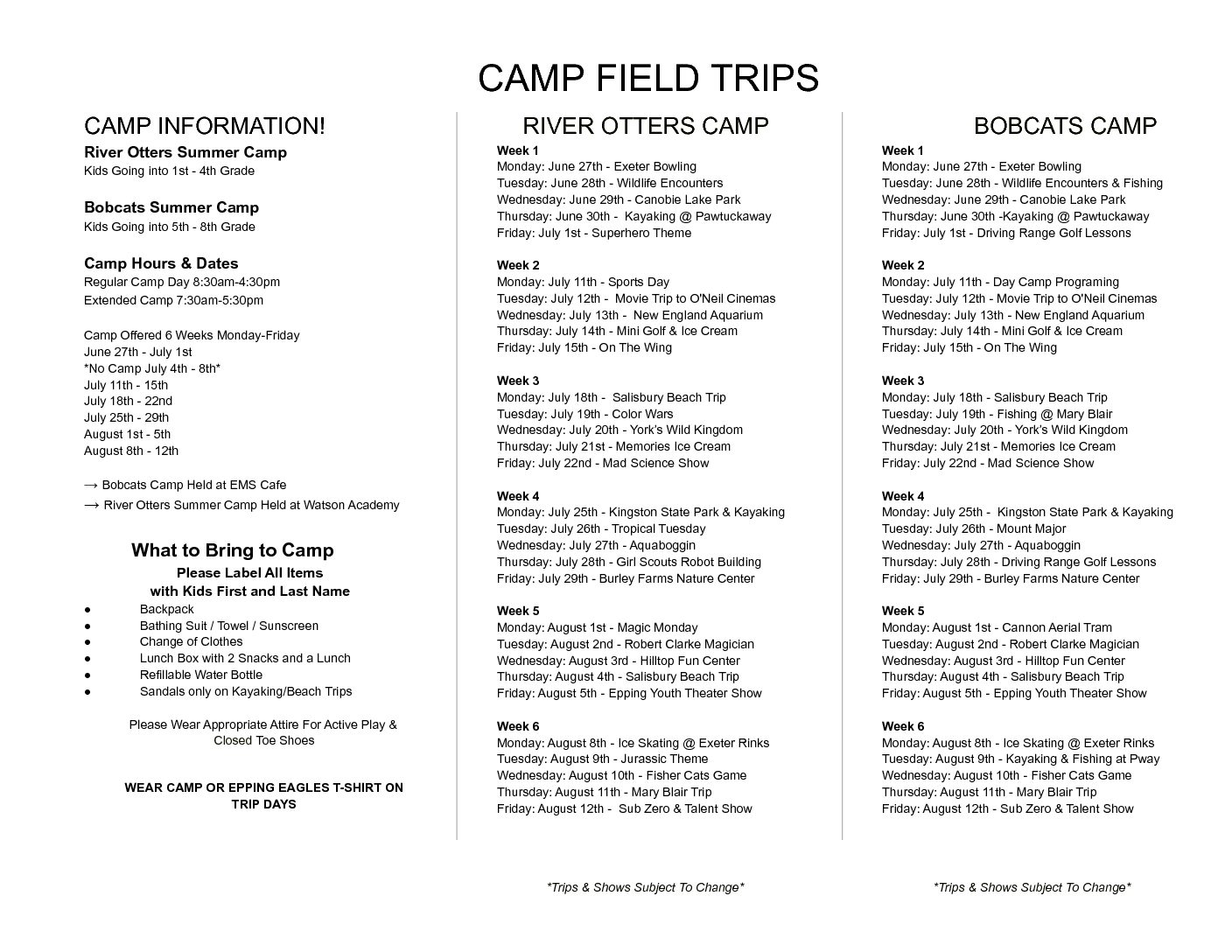Camp Brochure 2022 | Epping Parks & Recreation Department